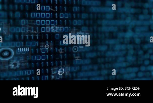 scrolling binary digits starting HUD icon fading and panel sliding, panning showing data ...