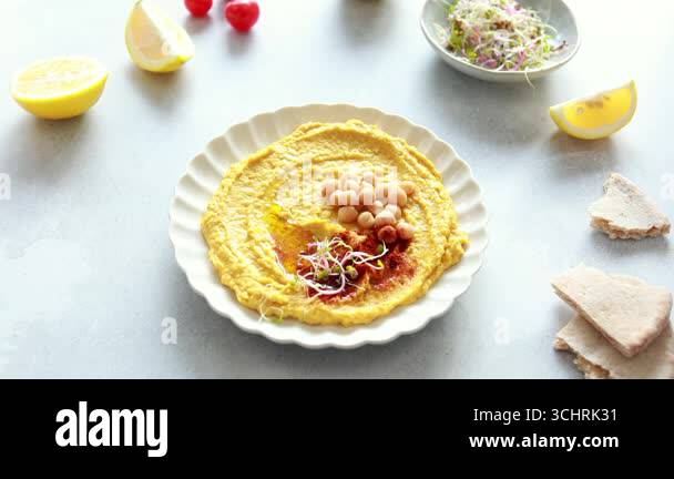 Female hands pick up a dish of pumpkin hummus. Side dish, the concept ...