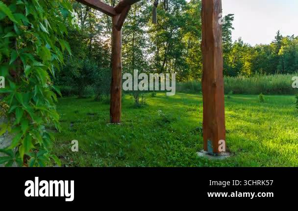 4k timelapse with wooden pergola in countryside backyard. High quality ...