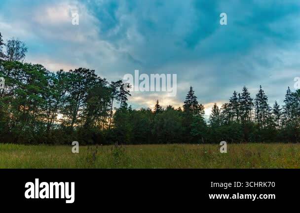 Sunset sky in motion, 4k timelapse landscape with meadow, forest and ...