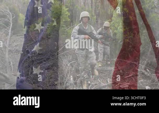 Lead soldier raising fist halting military patrol, comrade readying ...