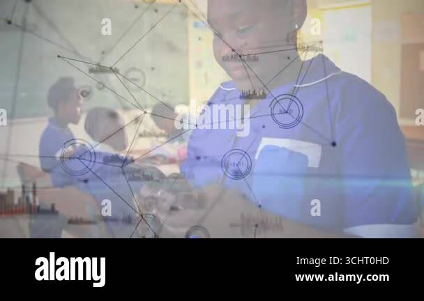 Teacher tapping phone and activating data overlays on board teaching ...