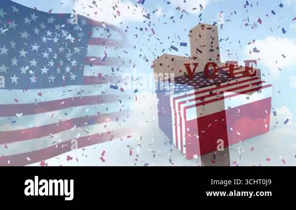 Flag entering from left waving while vote sign appearing and confetti ...