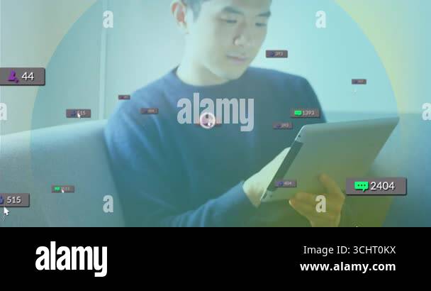 Man tapping tablet initiating animated social media metrics swirling ...