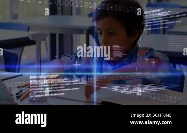 Boy writing school workbook under blue overlay and adjusting lamp then ...