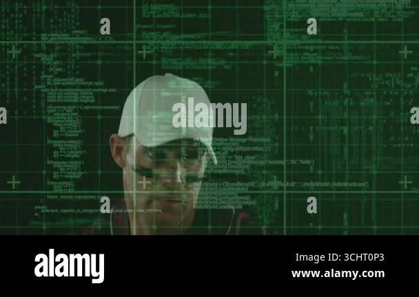 Male athlete lowering head and scanning grid code, activating tech interface launching code ...