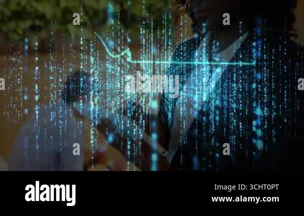 technology office woman tapping device activating cascading blue code ...