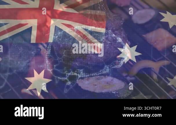 flag fading in over sizzling steak and veggies as digital map pulsing ...