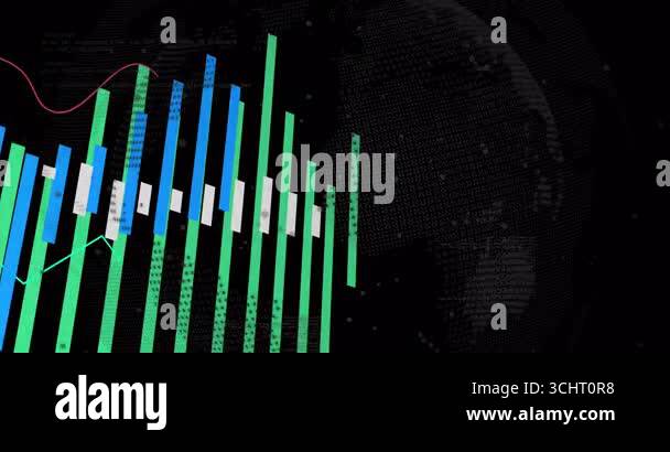 Bars emerging, globe materializing, lines sweeping, connecting, camera panning showing data ...