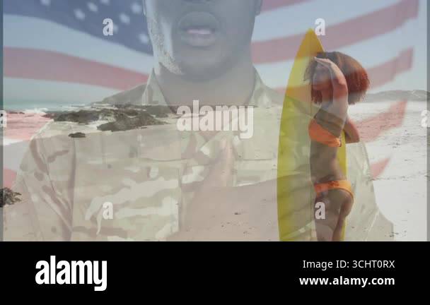 Opening pulsing military soldier pledging over flag and female surfer ...