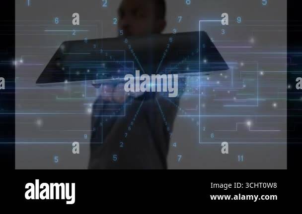 Tech host tilting laptop starting overlay emitting glowing numbers ...