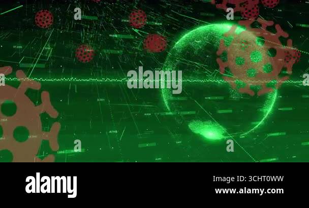 Red spiky spheres fading in drifting toward green globe while waveform pulsing simulating data ...