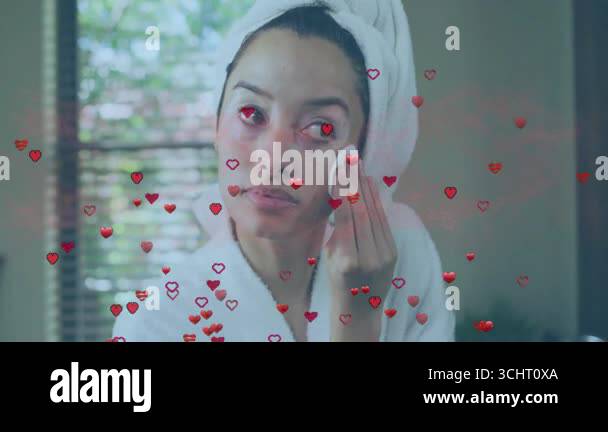 woman pressing cotton pad to cheek in front of mirror, generating ...