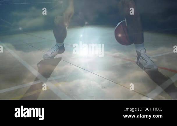 Athlete gripping ball performing low crossover dribble with graphic ...