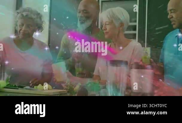 Animated neon fade revealing kitchen, friends slicing veggies, blending ...