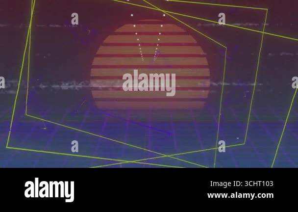 Opening purple grid receding toward orange sun, green bar sliding in ...