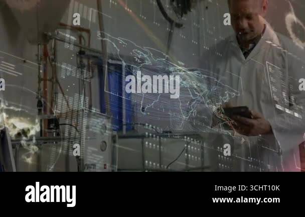 Translucent interface appearing as researcher lifting tablet swiping ...