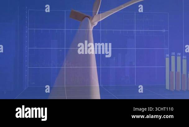 Grid loading around wind turbine blade, bar chart rising, technician ...