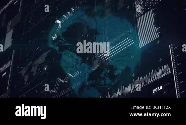 Teal grid dots forming 3D globe as rotating slowly updating numeric overlays and filling bar ...