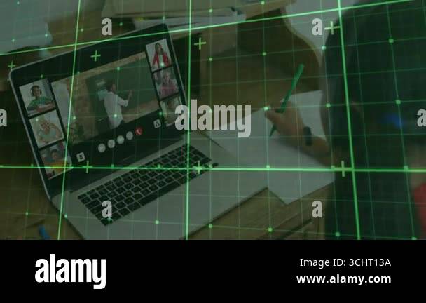 Girl opening laptop initiating online class copying equations with green pencil as teacher ...