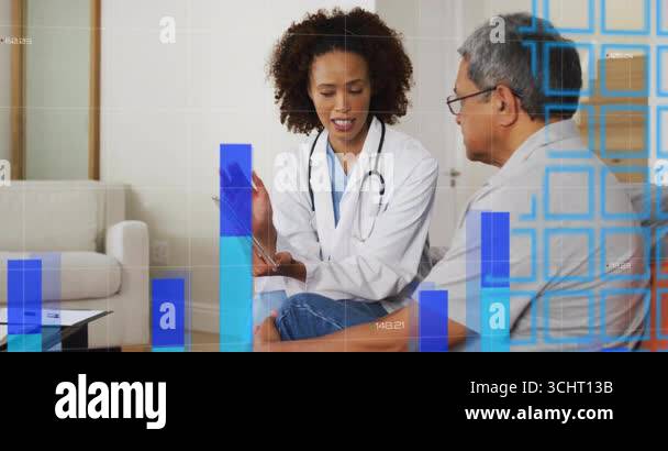 Female physician swiping tablet showing health bar charts line graph ...