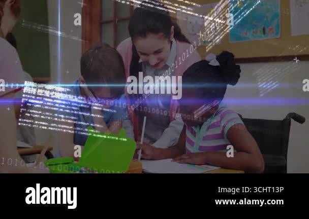 Teacher guiding writing on paper in class while binary glitch overlay sweeping education concept ...