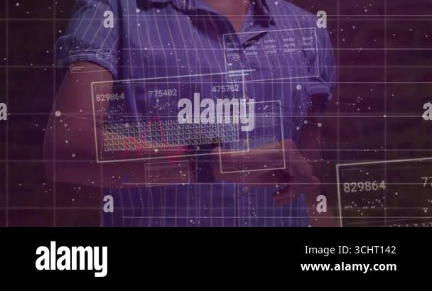 User raising hands activating hologram panels updating data, pulling HUD slanting refreshing ...