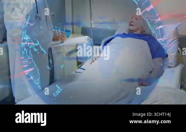 Holographic globe shifting aside showing doctor checking vitals and ...