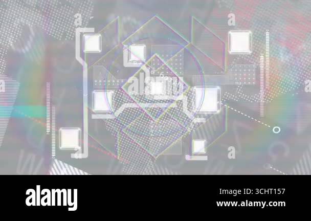 On opening central node pulsing, fading in square nodes, scanning ring animating network data ...