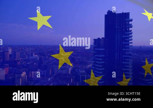 Waving EU flag initiating reveal of residential tower and city skyline for urban branding. Urban ...