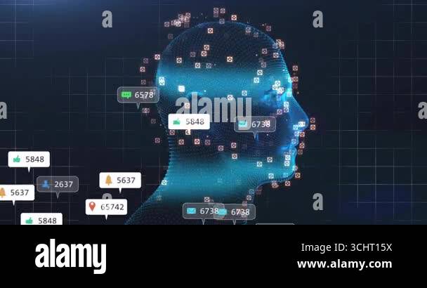 3D head materializing on grid initiating marker mapping and rotating ...