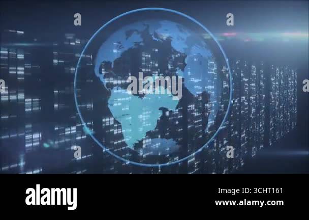 On load digital globe encircled by ring rotating revealing continents and visualizing data ...