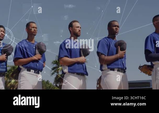 Camera panning showing baseball team holding caps over hearts at ...