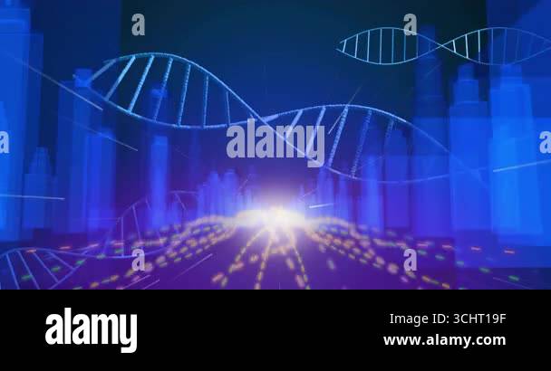 Flare bursting triggers digital helix growing and drifting across glowing grid to visualize data ...