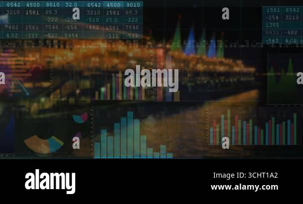 Night riverside as numeric grid fading in causing analytics charts animating displaying live ...