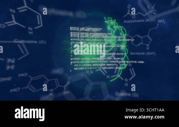 Green glow rising triggers green lines spiraling into brain sketch scrolling code showing ...