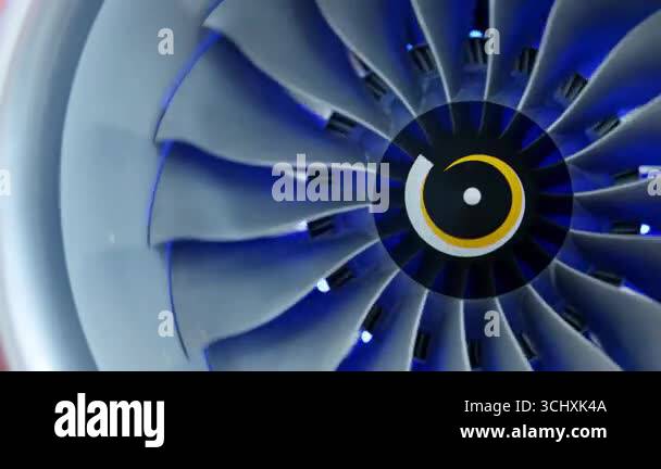 Close up view of a turbofan engine rotating, showcasing its intricate ...