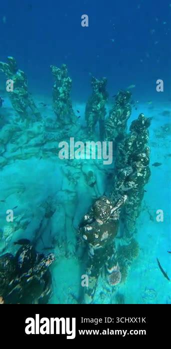 Underwater statues at Gili Meno, Indonesia, surrounded by tropical fish ...