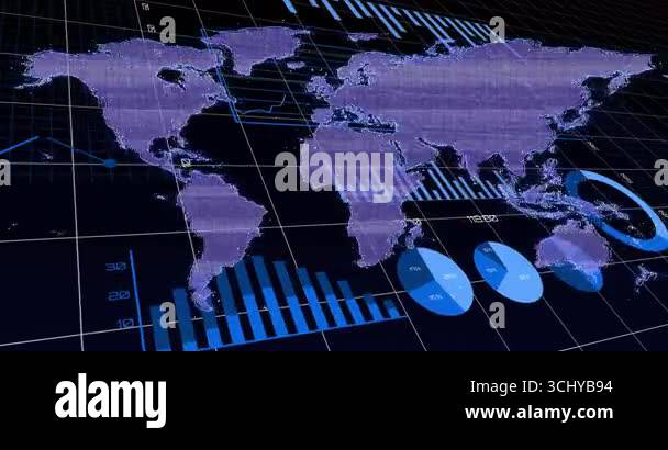 Upon grid rotating, purple world map showing charts emerging pulsing ...