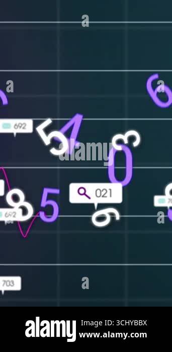 Animation of social media data processing and numbers over dark background. Global cloud ...