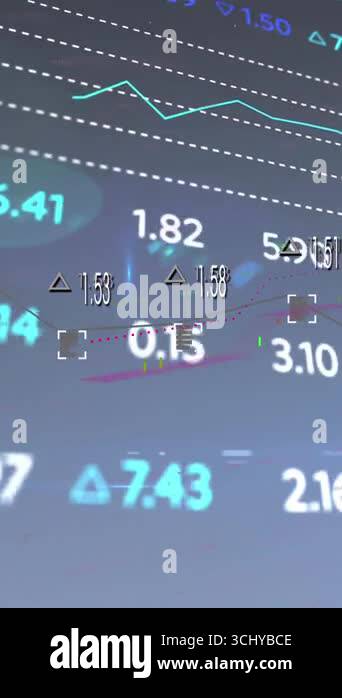 Animation of financial and stock market data processing over light spot against blue background ...