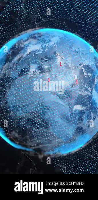 Animation of glitched falling binary codes over connected dots around globe on black background ...