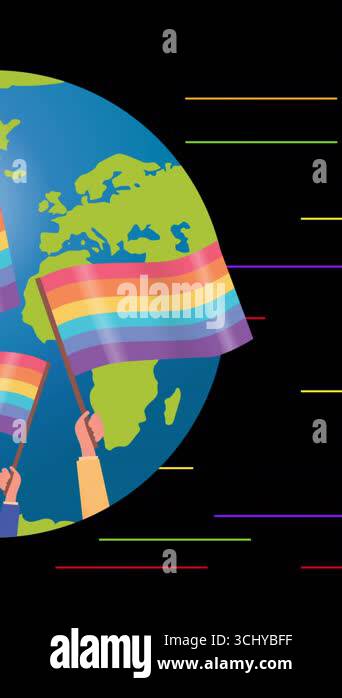 Animation of rainbow flags with globe over rainbow stripes on black ...