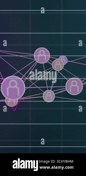 Animation of connections with icons and financial data processing over dark background. Global ...