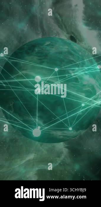 Animation of network of connections over globe. Global connections, computing and data ...
