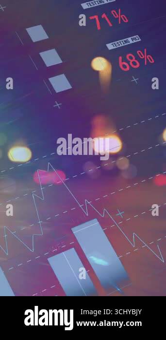 Animation of financial data processing over cityscape with road traffic ...