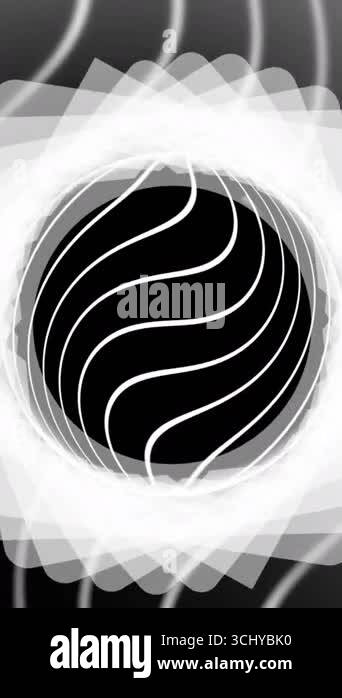 Animation of circle and lines with spinning white shapes on black ...