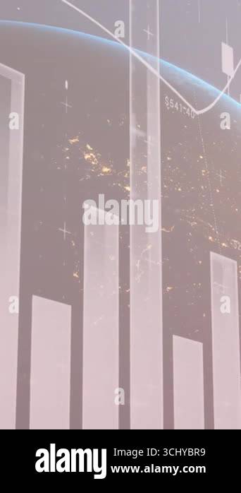 Animation of graphs with numbers over globe and lens flare against ...