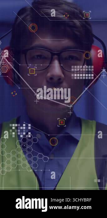 Animation of graphs over asian man and man working in server room ...