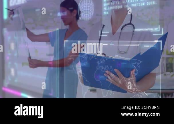 Medical duo handling film and folder while activating holographic UI ...